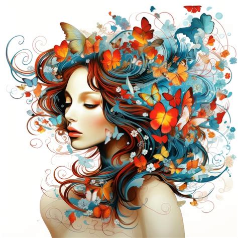 Premium Ai Image A Woman With Colorful Hair And Butterflies On Her Head