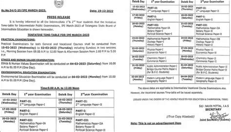 Ts Intermediate 1st Year Exam Time Table 2026 Pdf Download