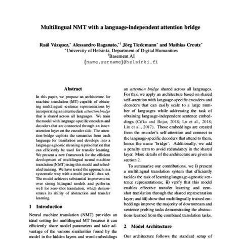 Multilingual Nmt With A Language Independent Attention Bridge Acl
