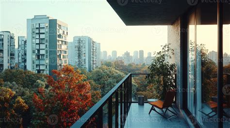 Scenic View From Balcony Of Urban Apartment City Skyline Viewed From
