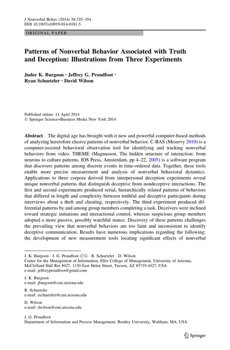 Pdf Patterns Of Nonverbal Behavior Associated With Truth And