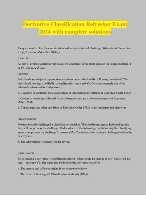 Derivative Classification Refresher Exam 2024 With Complete Solutions Derivative