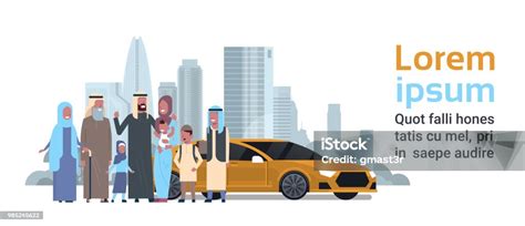 자동차 다 세대 가족 풍경 배경 행복 한 가족 함께 개념 평면 만화 속의 나무에 전체 길이 아바타 아랍 조부모 부모 자녀 손자 가족에 대한 스톡 벡터 아트 및 기타 이미지