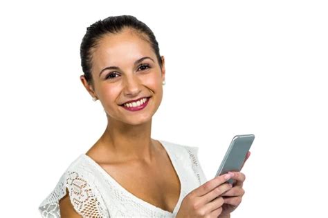 Femme Souriante Tenant Smartphone Images Libres De Droit Photos De