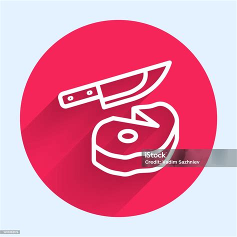 화이트 라인 스테이크 고기와 칼 아이콘은 긴 그림자로 분리되어 있습니다 고기 썰기 빨간색 원 버튼입니다 벡터 고기에 대한 스톡 벡터 아트 및 기타 이미지 Istock