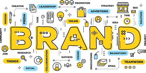 창조적인 그림 브랜드 노란색 단어 문자 라인 아이콘 및 태그 클라우드 흰색 배경에 인쇄 술의 벡터 브랜딩 기술 개념입니다 광고에 대한 스톡 벡터 아트 및 기타 이미지