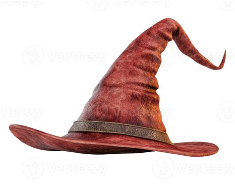 Detailed Red Wizard Hat Made Of Textured Leather Featuring Wide Brim And Decorative Band This