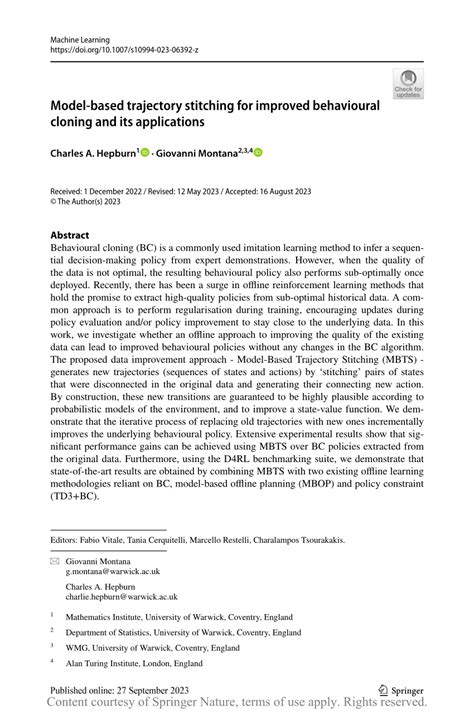 Pdf Model Based Trajectory Stitching For Improved Behavioural Cloning