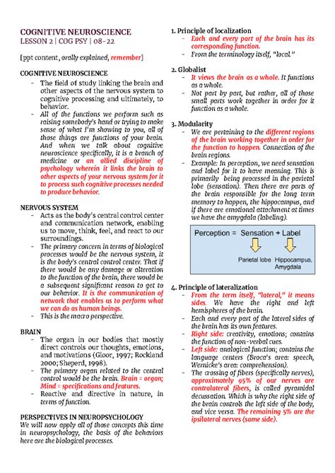 Cog Psy Lesson Notes About Cognitive Neuroscience COGNITIVE NEUROSCIENCE LESSON