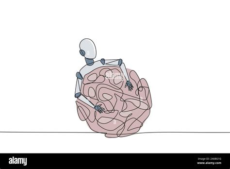 Single One Line Drawing Robot Hugging Tangled Circle Its A Long