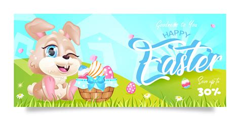 해피 부활절 판매 배너 플랫 벡터 템플릿 토끼와 달걀 바구니 가와이 만화 캐릭터와 파샤 특별 제공 전단지 디자인 인쇄 가능한 엽서 휴일 할인 수평 포스터 30에 대한 스톡