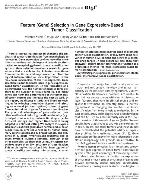 Pdf Feature Gene Selection In Gene Expression Based Tumor