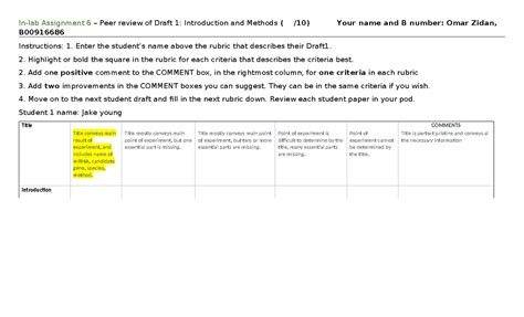 BIOL 2030 In Lab Assignment 6 Template In Lab Assignment 6 Peer Review Of Draft 1