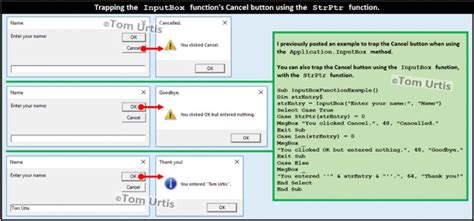 Trapping The Inputbox Functions Cancel Button Using The Strptr Function Tom Urtis