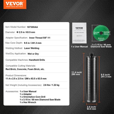 Vevor Core Drill Bit 6 3 Cm Wet Dry Diamond Core Drill Bits For Brick And Block Concrete Core