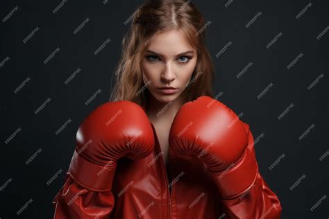 A Girl In A Red Boxing Gloves With A Black Background Premium Ai