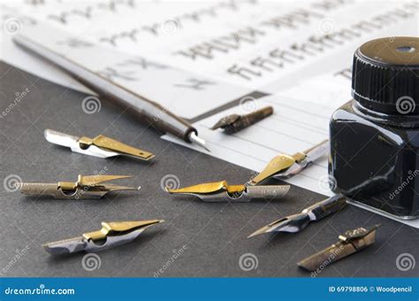 Calligraphy Pen Tips Flat Tipped Nib Ink And Practice Sheets On The