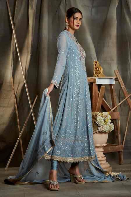 Shop Sunita Nagi Grey Lucknowi Fabric Nylon Chikankari Mirror Work