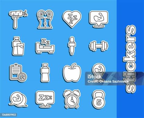 세트 라인 무게 보디 빌더 근육 아령 졸린 잠자는 시간 유리와 물 병 포크에 당근과 파이펫 오일 아이콘 벡터 건강관리와 의술에 대한 스톡 벡터 아트 및 기타 이미지 Istock