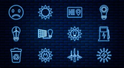 라인 태양 에너지 패널 전기 자동차 충전소 주소록 및 전구 풍력 터빈이 있는 조명 슬픈 미소 및 태양 아이콘을 설정합니다 벡터