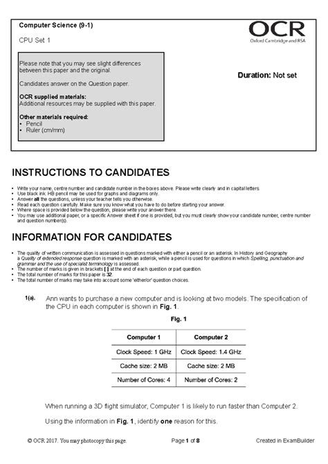 CPU 1 Htgerg Computer Science 9 1 CPU Set 1 Please Note That You May See Slight