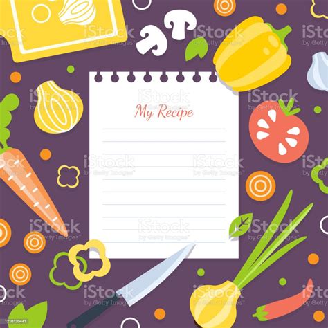 신선한 야채 패턴 요리 책 페이지 벡터 일러스트와 내 조리법 빈 카드 템플릿 개념에 대한 스톡 벡터 아트 및 기타 이미지 개념 교육 귀여운 Istock