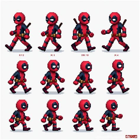 512x256 Game Sprite Sheet With 64x64 Deadpool Sprites Walking In 4