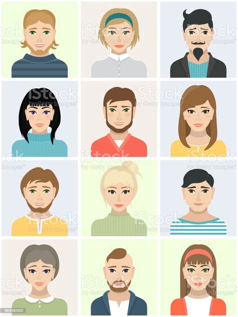남자와 여자 아바타 얼굴 미소 세트 평평 자세한 사람들이 초상화 아이콘 컬렉션입니다 벡터 일러스트입니다 갈색 머리에 대한 스톡 벡터 아트 및 기타 이미지 Istock
