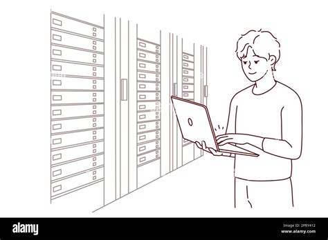 Male Engineer With Laptop Standing Near Server Room With Computers Man It Specialist Working In