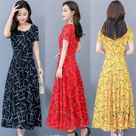 ꕥcatalog Fashionꕥ เดรสยาวคอกลมแขนสั้น ลายกราฟฟิก Th
