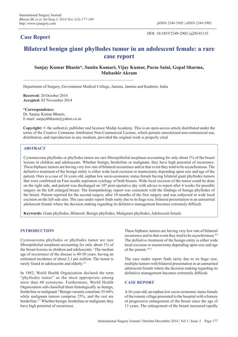 Pdf Bilateral Benign Giant Phyllodes Tumor In An Adolescent Female A Rare Case Report