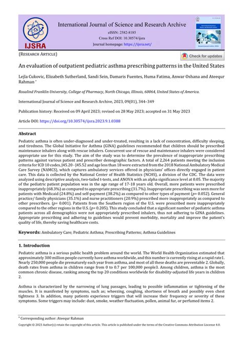 Pdf An Evaluation Of Outpatient Pediatric Asthma Prescribing Patterns In The United States