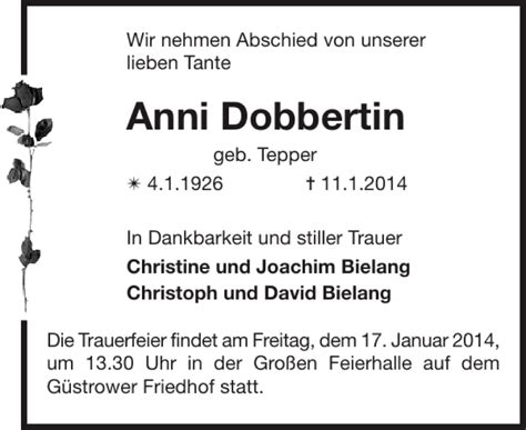 Traueranzeigen Von Anni Dobbertin Trauer Nordkurier