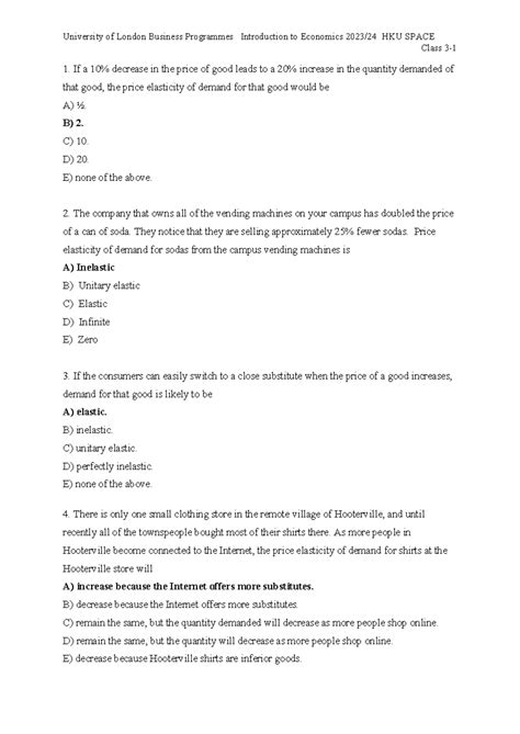 Ec1002 Inclass Exercise Class 3 1 Answer University Of London Business Programmes