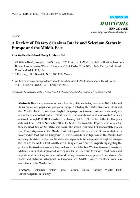 Pdf A Review Of Dietary Selenium Intake And Selenium Status In Europe