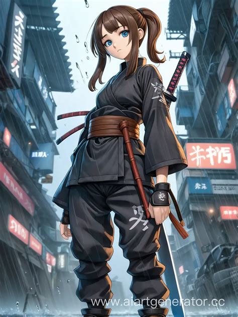 Ninja Girl In Anime Style Rainy Battle Aftermath Ai Art Generator