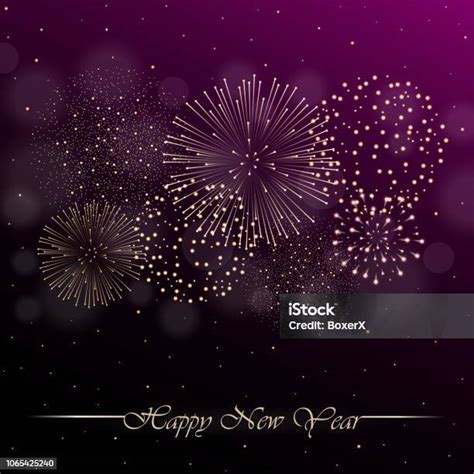 바이올렛 밤 하늘 배경 빛과 반짝임에 불꽃 쇼 새 해 개념입니다 초대장 카드 파티 배경입니다 벡터 일러스트 레이 션 2019년에 대한 스톡 벡터 아트 및 기타 이미지