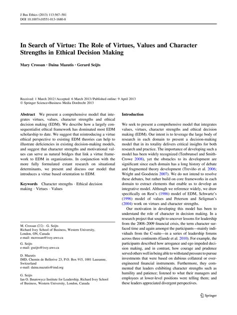 Solution In Search Of Virtue The Role Of Virtues Values And Character Strengths In Ethical