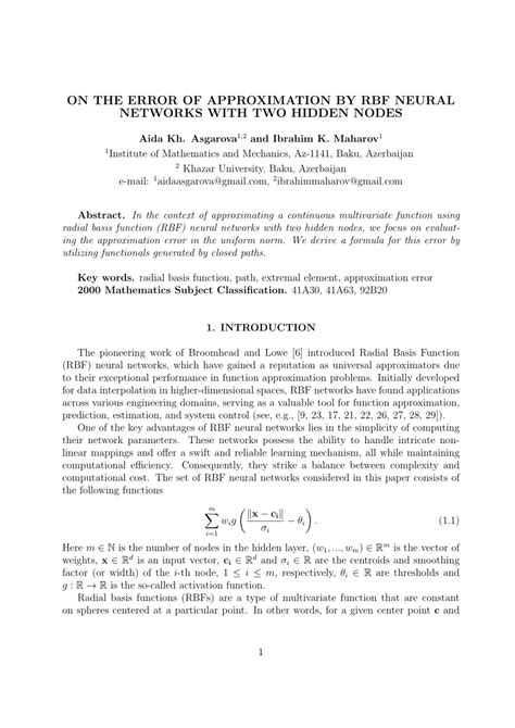 Pdf On The Error Of Approximation By Rbf Neural Networks With Two