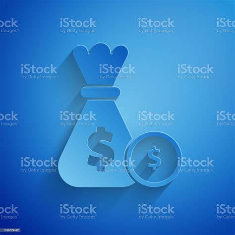 종이 는 파란색 배경에 고립 된 돈 가방과 동전 아이콘을 잘라 달러 또는 Usd 기호입니다 현금 은행 통화 기호입니다 종이 아트 스타일입니다 벡터 일러스트레이션 가방에 대한