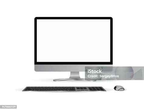 모니터 Pc 모형 트렌디 한 현실적인 얇은 프레임 모니터 또는 마우스와 키보드가있는 Pc 데스크탑 컴퓨터에 대한 스톡 벡터 아트 및 기타 이미지 데스크탑 컴퓨터 3차원