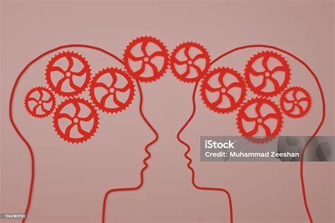 3d 렌더링 인간의 뇌는 밝은 빨간색 배경에 기어 메커니즘으로 만들어집니다 뇌는 돋보기를 통해 볼 수 있습니다 두 개의 뇌 일치 개념 뇌 장애 3차원 형태에 대한 스톡 사진