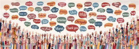 다양한 국가와 대륙에서 온 다문화 사람들의 많은 손을 들고 다양한 국제 언어로 된 텍스트가 적힌 말풍선이 있는 배너 통신같음 감사합니다에 대한 스톡 벡터 아트 및 기타