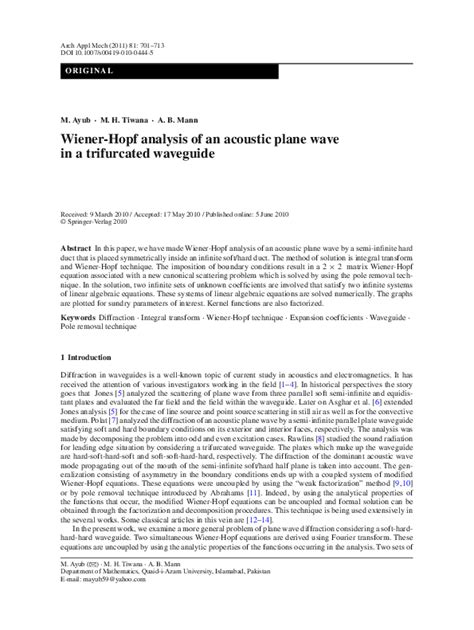 Pdf Wiener Hopf Analysis Of An Acoustic Plane Wave In A Trifurcated Waveguide Muhammad Ayub