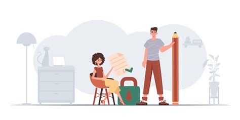 남자와 여자가 문서에 서명합니다 스마트 계약에 서명하는 개념 데이터 보호 현대적인 트렌디 한 스타일 개념에 대한 스톡 벡터 아트