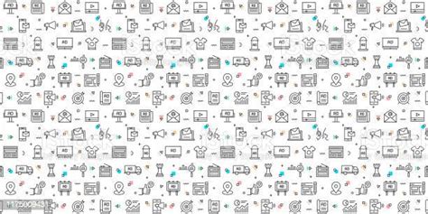 트렌디 한 선형 스타일의 광고 및 프로모션을위한 디자인 템플릿 및 요소의 벡터 세트 광고 및 프로모션과 관련된 선형 아이콘이있는 원활한 패턴 벡터 개발에 대한 스톡 벡터