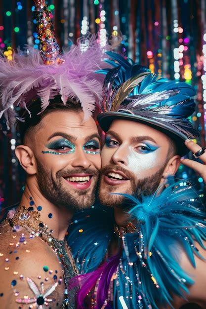 Premium Photo Two Attractive Drag Queen Men Posing Cheerful At A Gay Party In A Nightclub