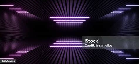 네온 레이저 블루 화이트 Led 조명 공상 과학 미래 현대 우주선 어두운 터널 복도 격납고 차고 금속 광택 쇼룸 빈 단계 3d 렌더링 0명에 대한 스톡 사진 및 기타 이미지