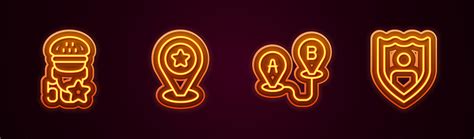 노선 택시 서비스 등급 별이 있는 위치 경로 위치 및 생명 보험 방패를 설정합니다 빛나는 네온 아이콘입니다 벡터 0명에 대한 스톡 벡터 아트 및 기타 이미지 Istock