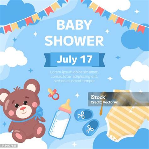 벡터 베이비 샤워 초대장 템플릿 포스터입니다 만화 유치한 장난감 곰 바디수트 어린이 부티 젖꼭지 파란색 배경에 병 정사각형 배경